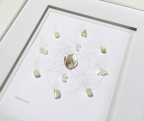 UNION OF SOULS -- framed crystal grid -- moonstone, pearl, sacred geom ...